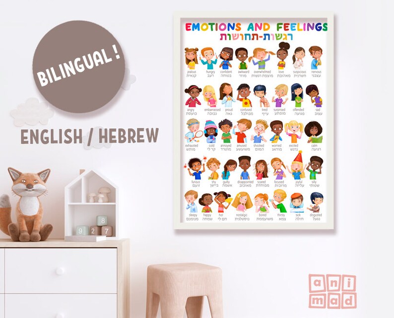 Bilingual Hebrew-english Emotions Poster: Kids' Room Classroom Decor ...