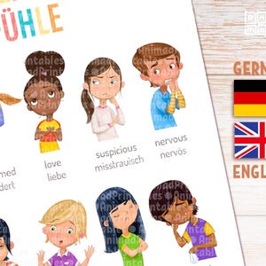 Bilingual GERMAN and ENGLISH, Emotions & Feelings, Printable Poster for Preschool Kids, Kids ...