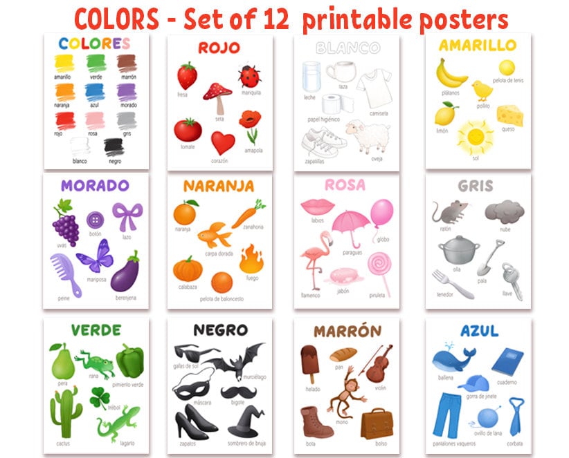 COLORES carteles imprimibles para niños de preescolar en ESPAÑOL, set ...