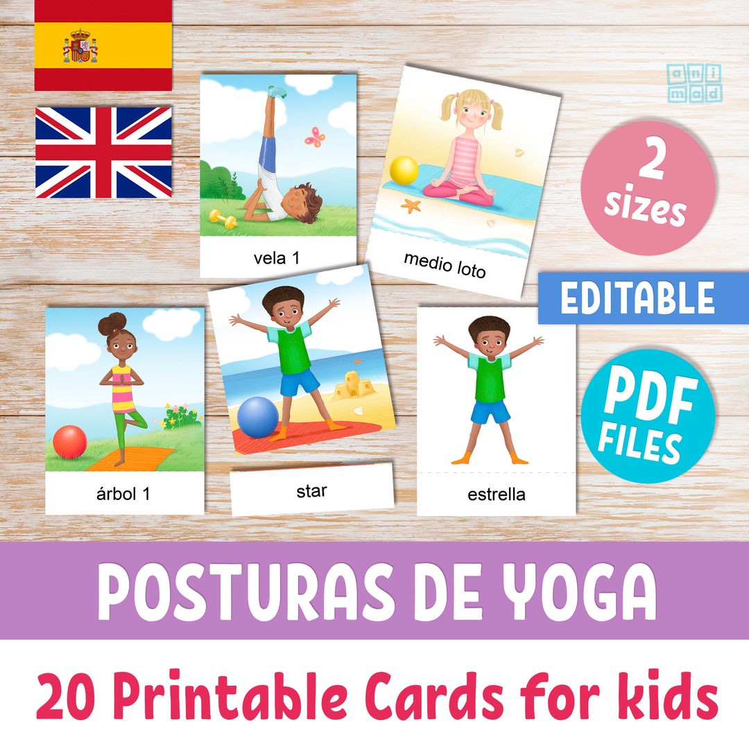 YOGA POSES Printable & Editable Text Flashcards for Kids in Spanish and ...