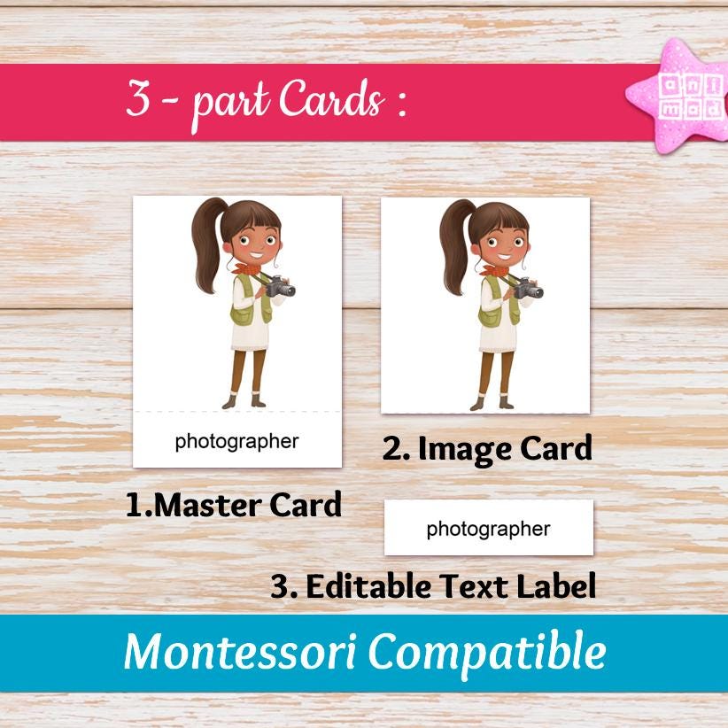24 PROFESSIONS Flashcards for Preschool Kids, Montessori Vocabulary 3 ...