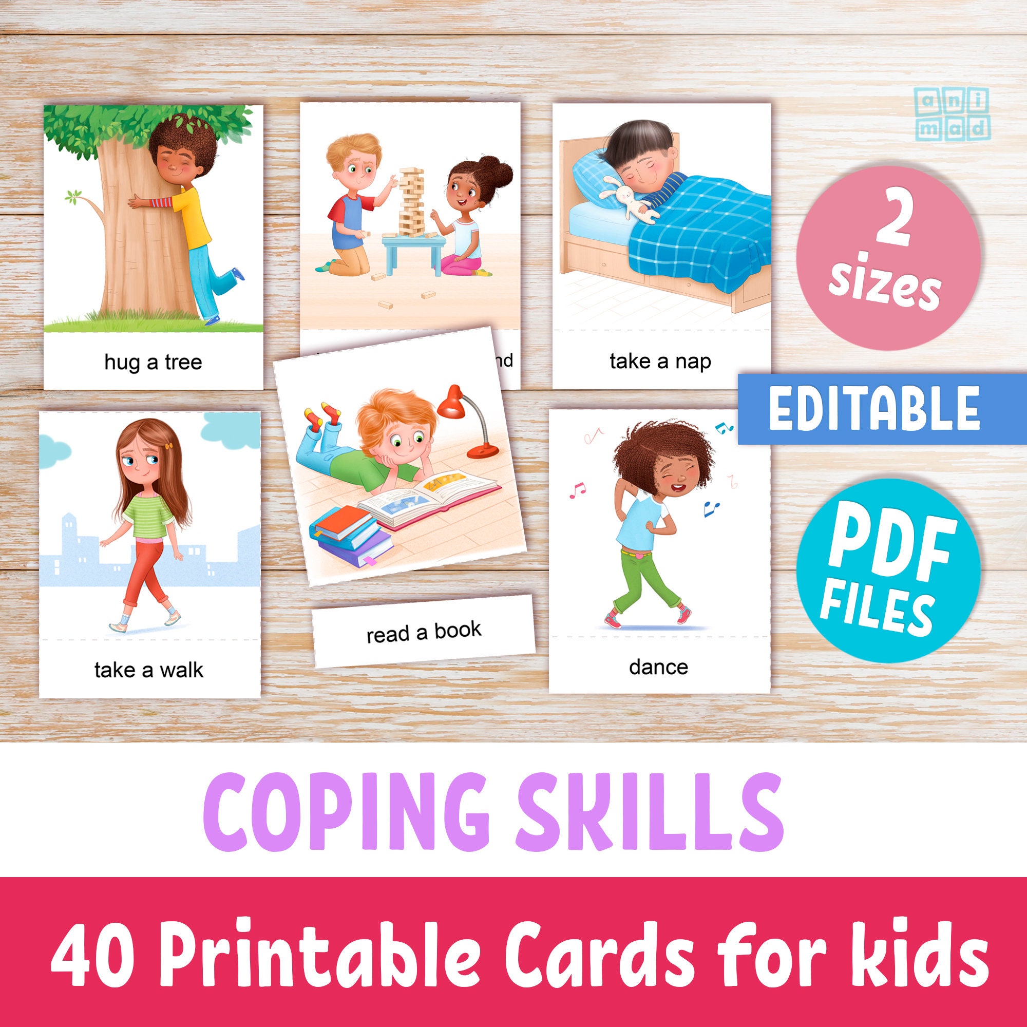 COPING SKILLS FLASHCARDS for Kids, Printable & Editable Text 3 Part ...