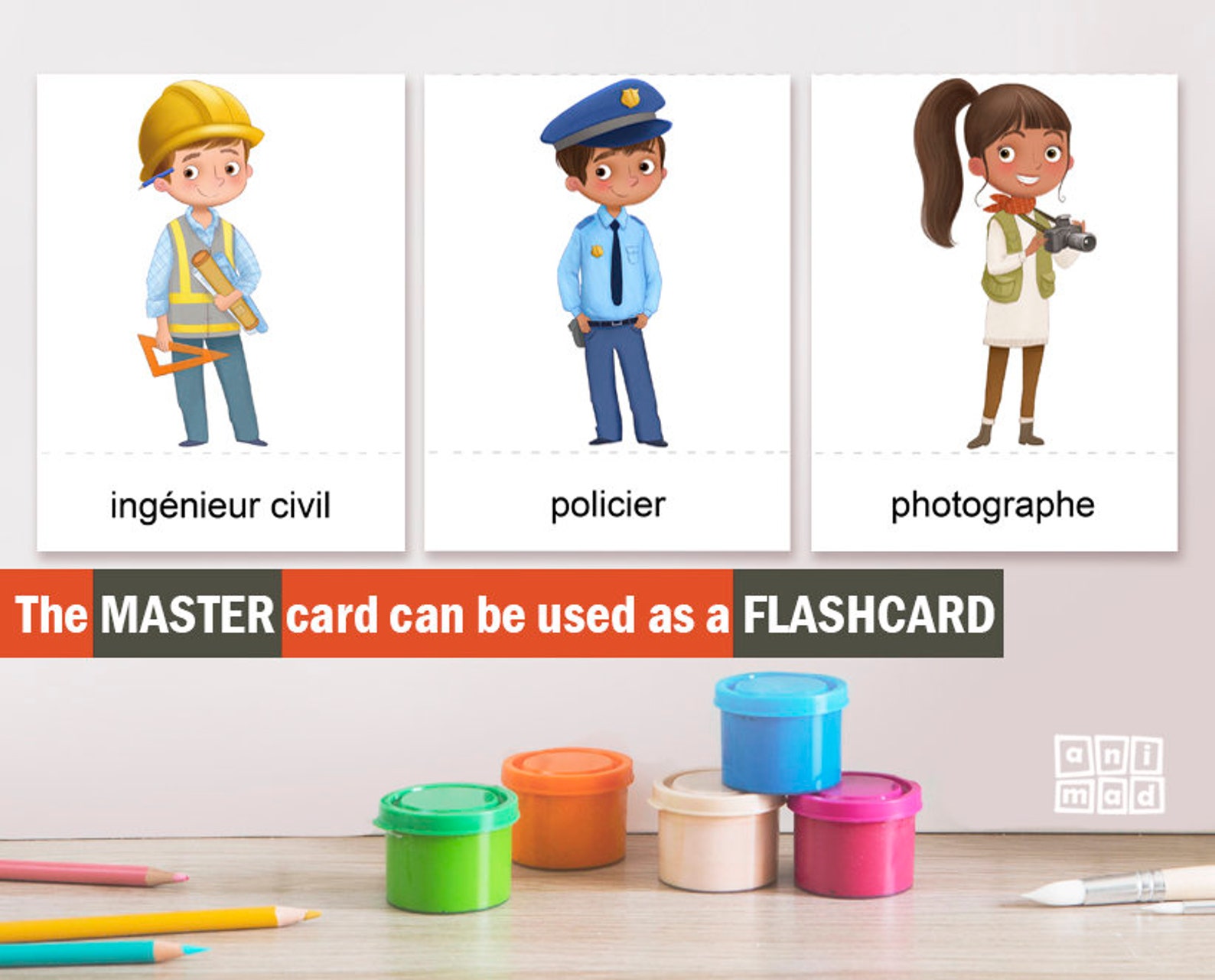 PROFESSIONS Printable Flashcards for Preschool Kids in FRENCH & ENGLISH ...