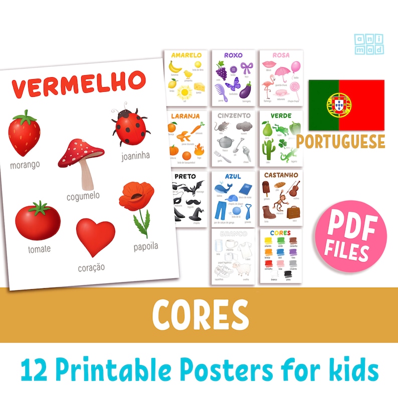 COLORS Printable Posters for Preschool Kids in PORTUGUESE, Set of 12 ...
