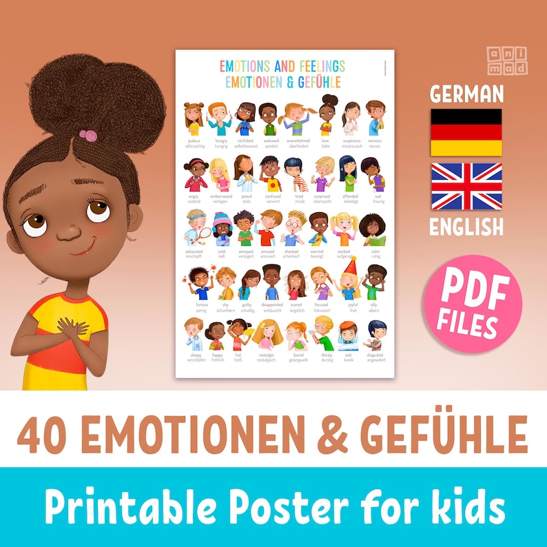 Bilingual GERMAN and ENGLISH, Emotions & Feelings, Printable Poster for ...