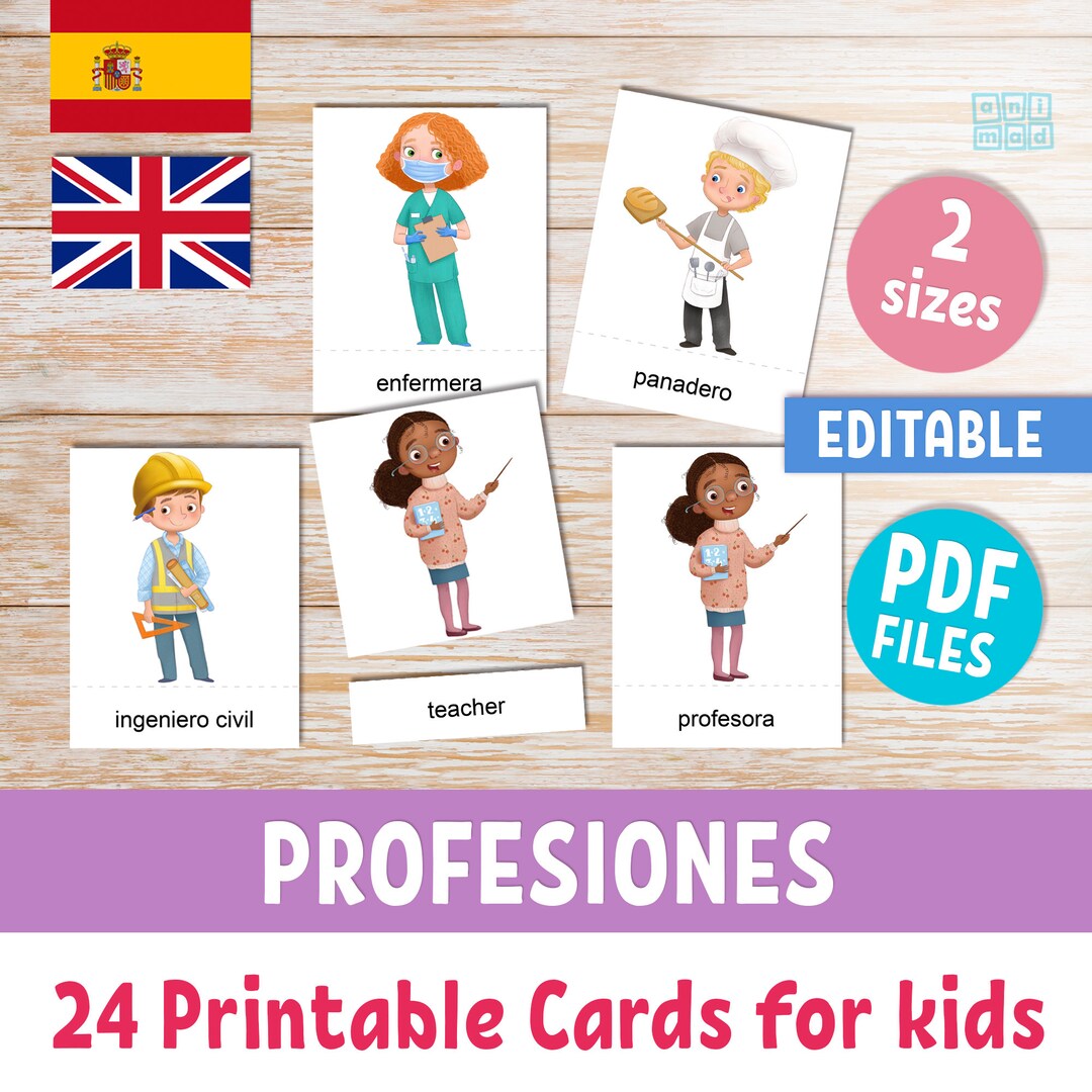PROFESSIONS Printable Flashcards for Preschool Kids in Spanish and ...