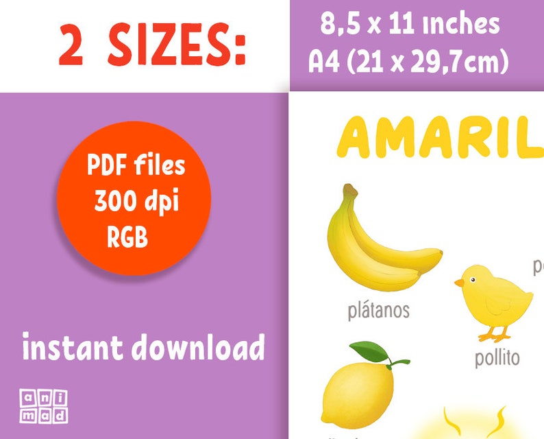 COLORS Printable Posters for Preschool Kids in SPANISH, Set of 12 ...