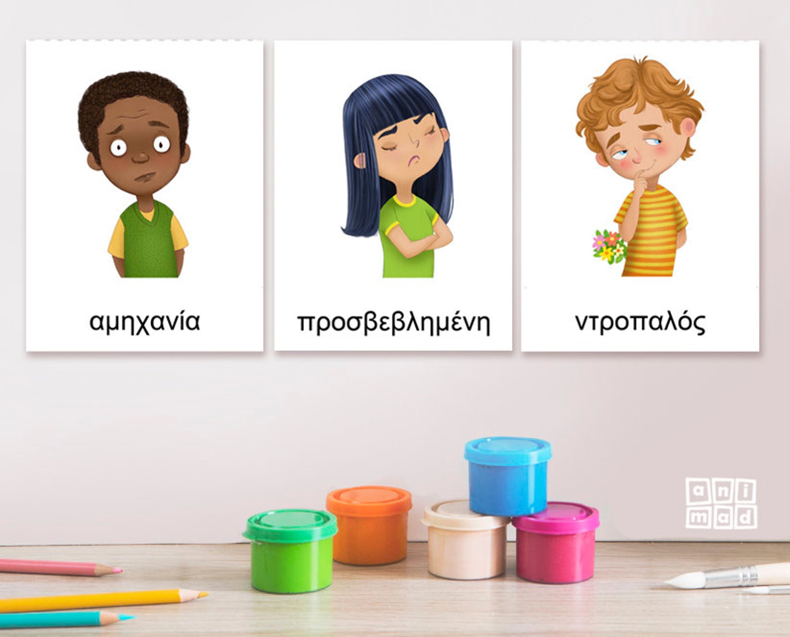 Emotions Flashcards for Kids, Greek & English, Montessori 3-part Cards ...