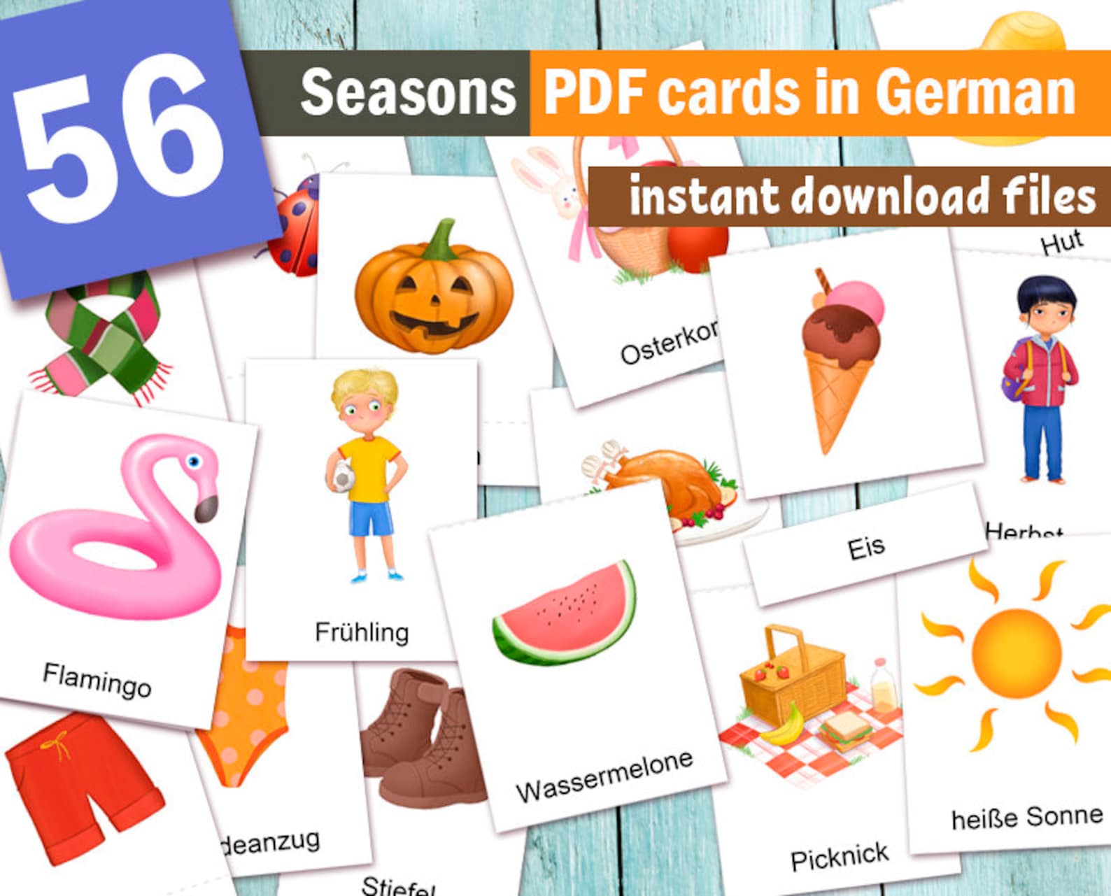 German for Kids SEASONS PRINTABLE CARDS for Kids 56 - Etsy