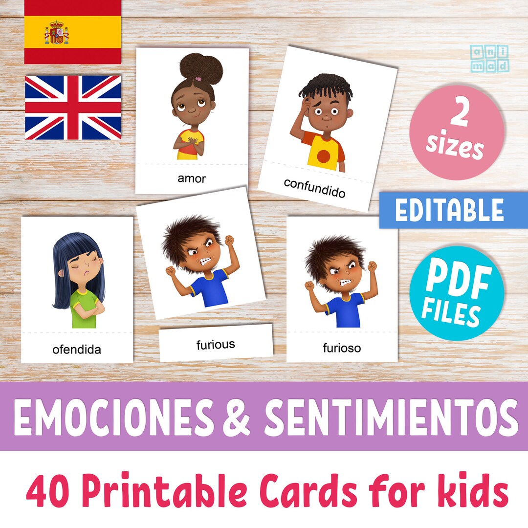 EMOTIONS and FEELINGS Printable Flashcards in Spanish & English for ...