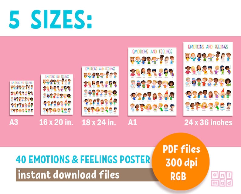Printable EMOTIONS POSTER for Kids in English, 40 Diverse Feelings ...