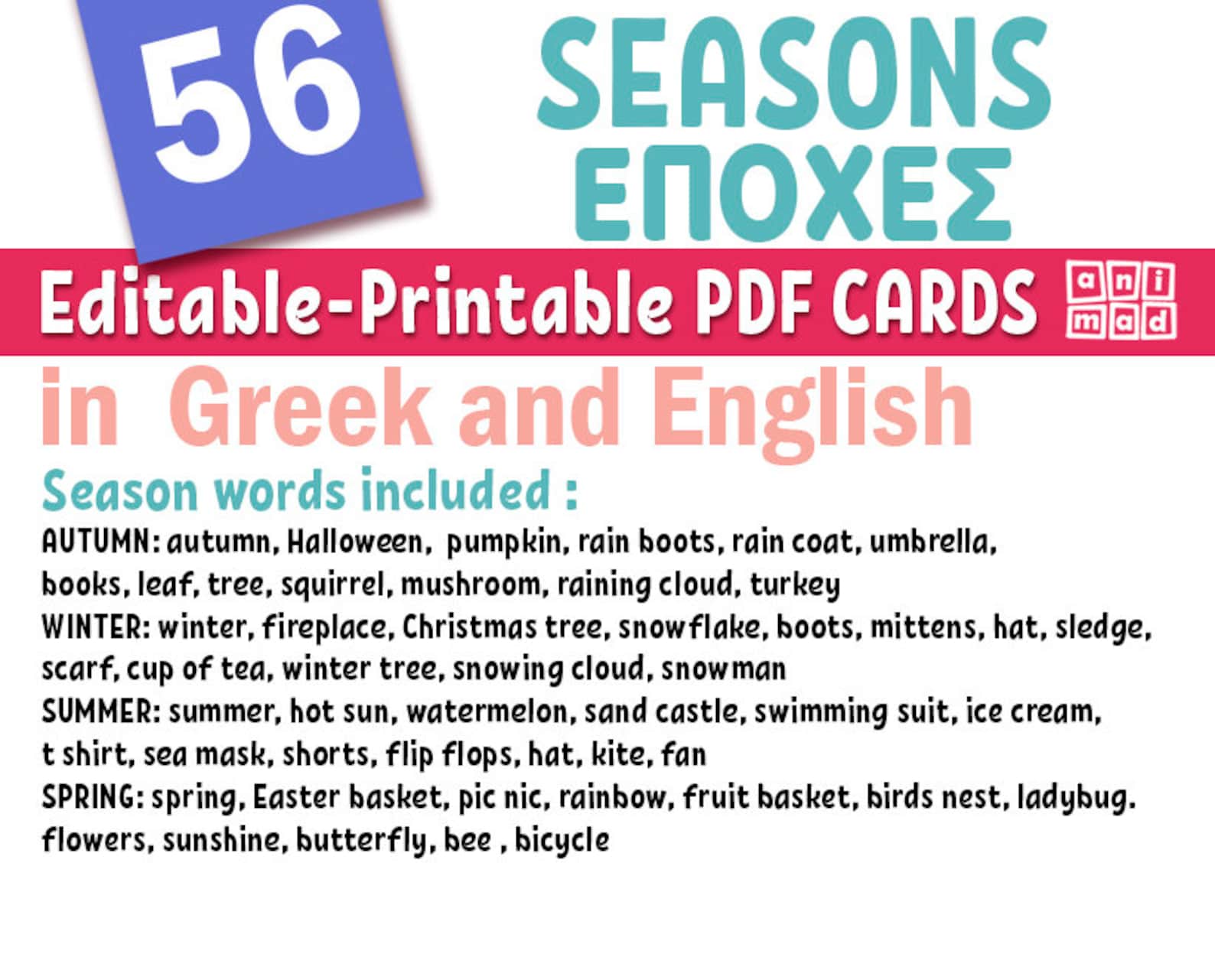 SEASONS of the Year Printable Flashcards, Montessori 3-part Vocabulary ...