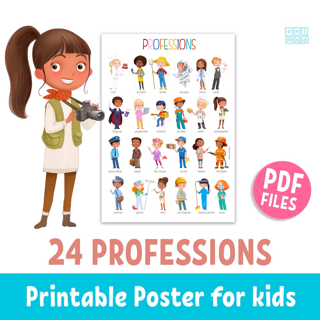 PROFESSIONS Printable Poster for Kids, 24 Occupations and Community ...