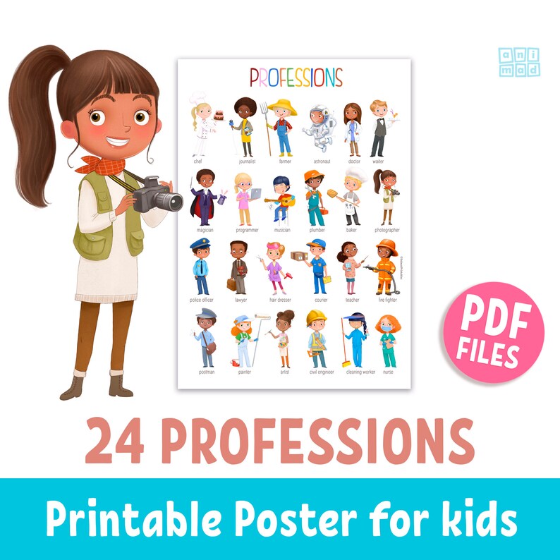 PROFESSIONS Printable Poster for Kids, 24 Occupations and Community ...