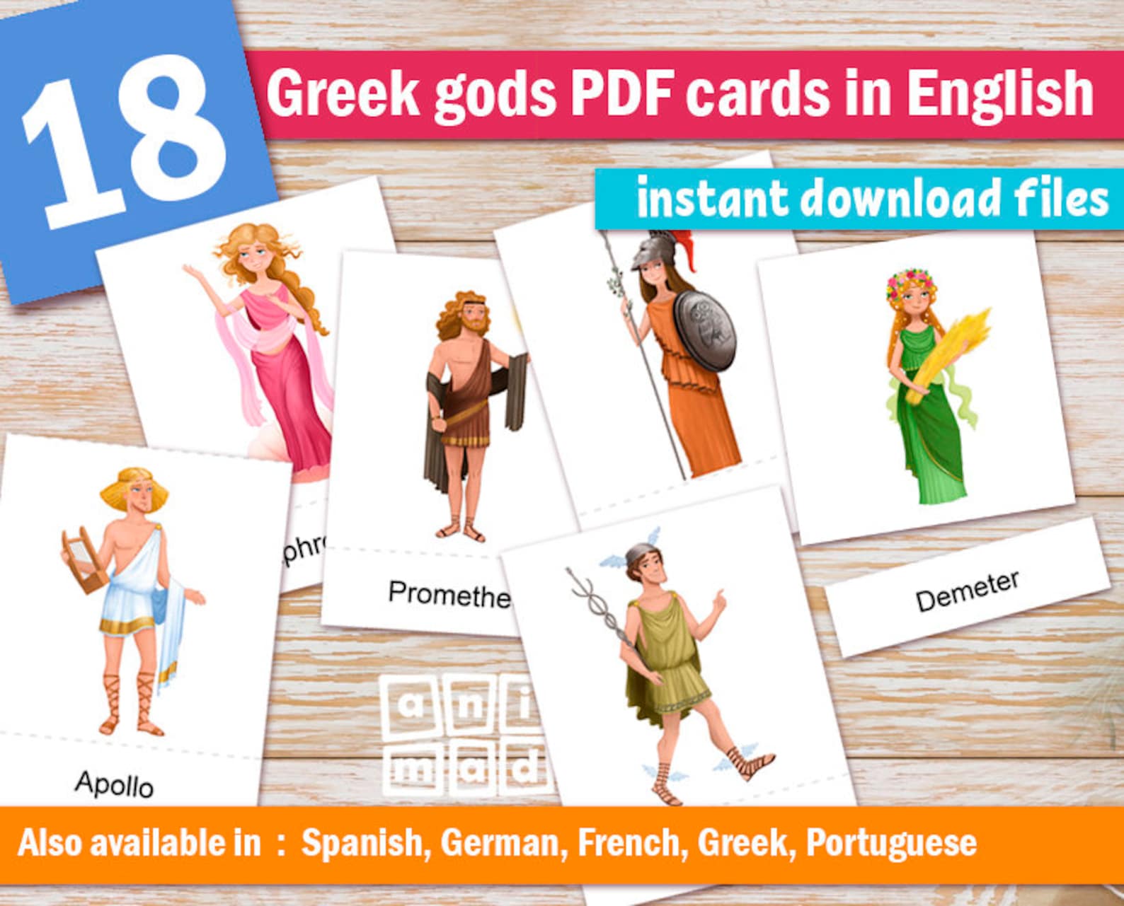 GREEK GODS Printable Flashcards for Kids, 18 Editable Text Montessori 3 ...