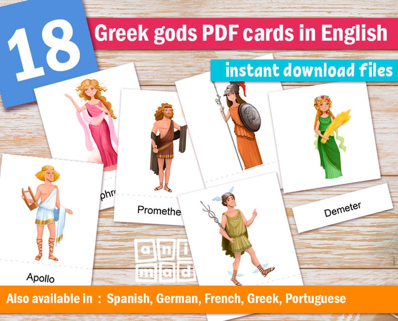 GREEK GODS Printable Flashcards for Kids, 18 Editable Montessori 3 Part ...