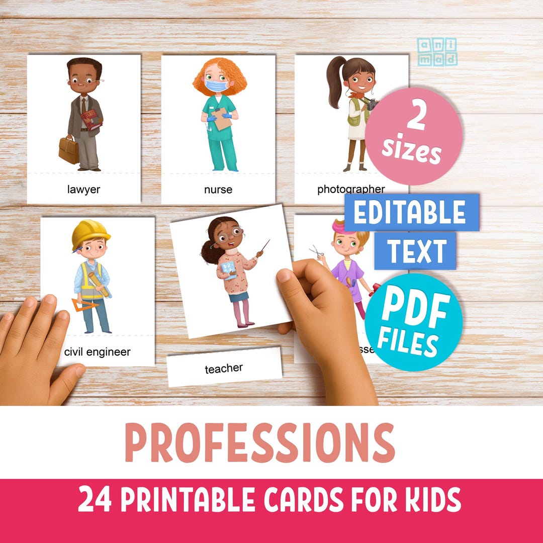 24 PROFESSIONS Flashcards for Preschool Kids, Montessori Vocabulary 3 ...