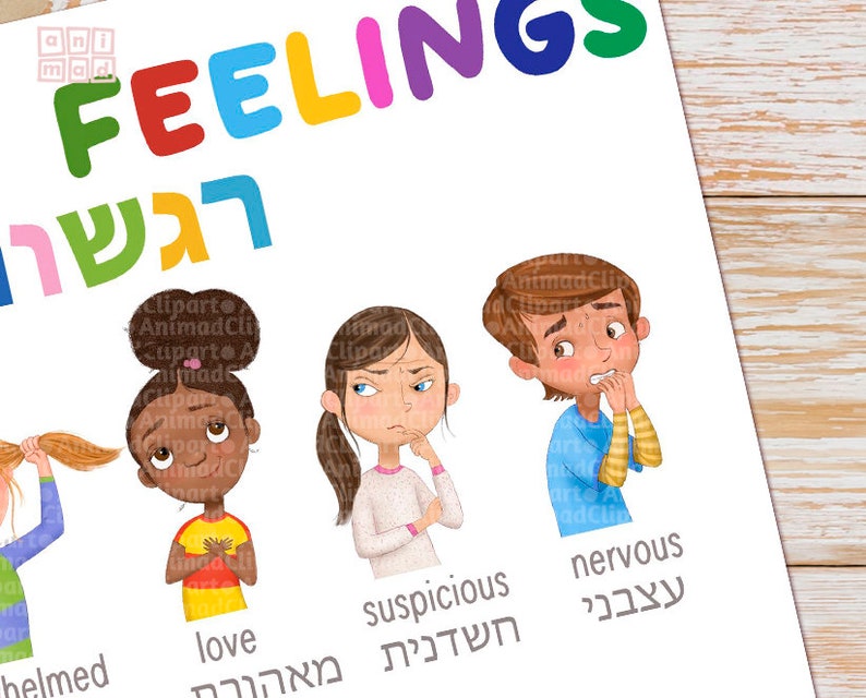 Bilingual Emotions Printable Poster for Kids, HEBREW - ENGLISH Feelings ...