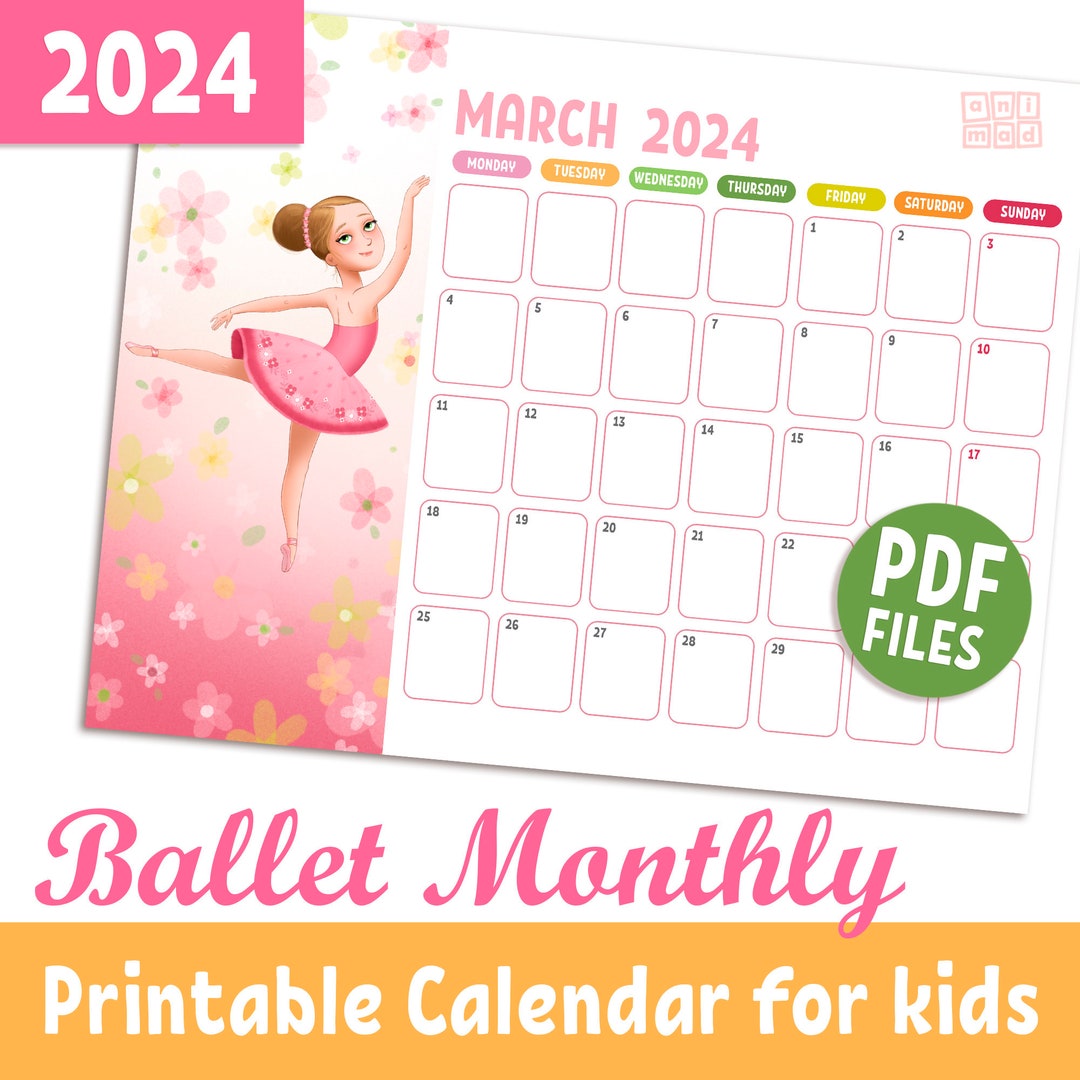 2024 PRINTABLE BALLET CALENDAR for Girls, Ballerinas Monthly Planner ...