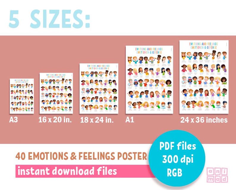 Bilingual GERMAN and ENGLISH, Emotions & Feelings, Printable Poster for Preschool Kids, Kids ...