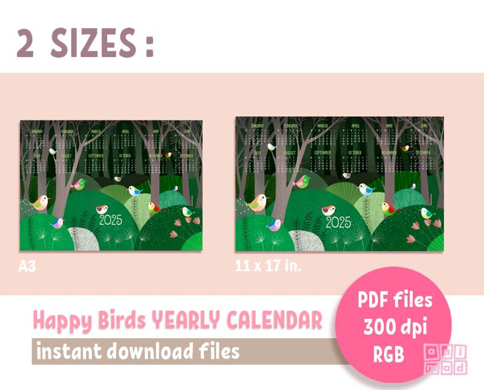 2025 PRINTABLE CALENDAR, Happy BIRDS in the Forest for Kids, Yearly ...