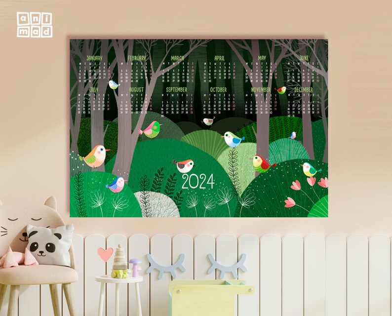 2024 PRINTABLE CALENDAR, Happy BIRDS in the Forest for Kids, Yearly ...