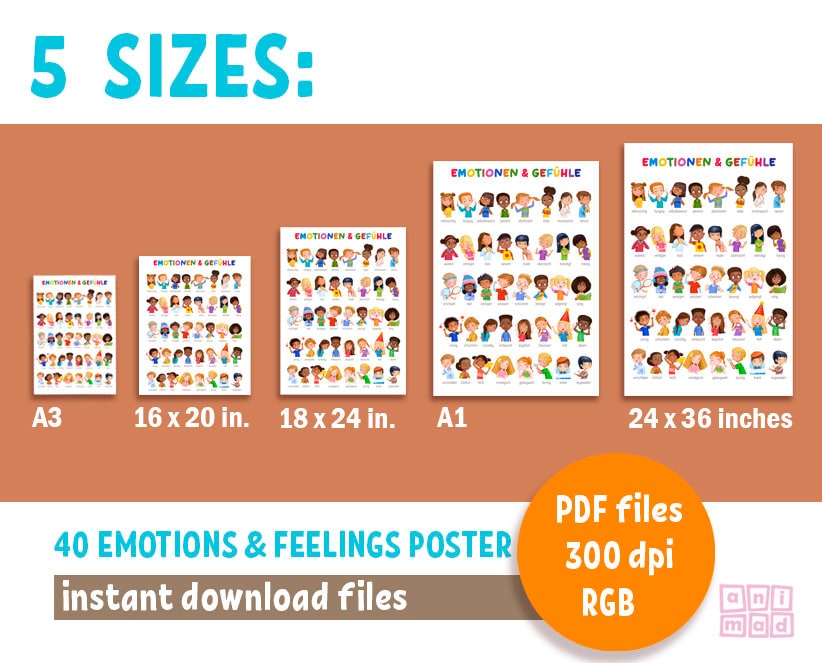 EMOTIONS & FEELINGS Printable Poster for Kids in German, Classroom and ...