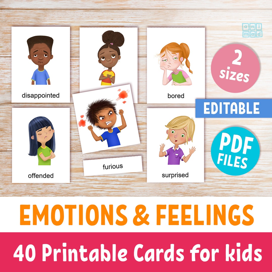 Emotions Flashcards for Kids, Feeling Flash Cards With Hand Drawn Face ...
