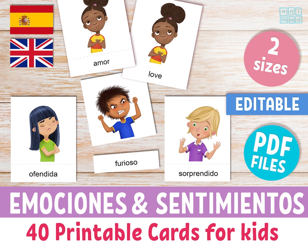 EMOTIONS and FEELINGS Printable Flashcards in Spanish & - Etsy