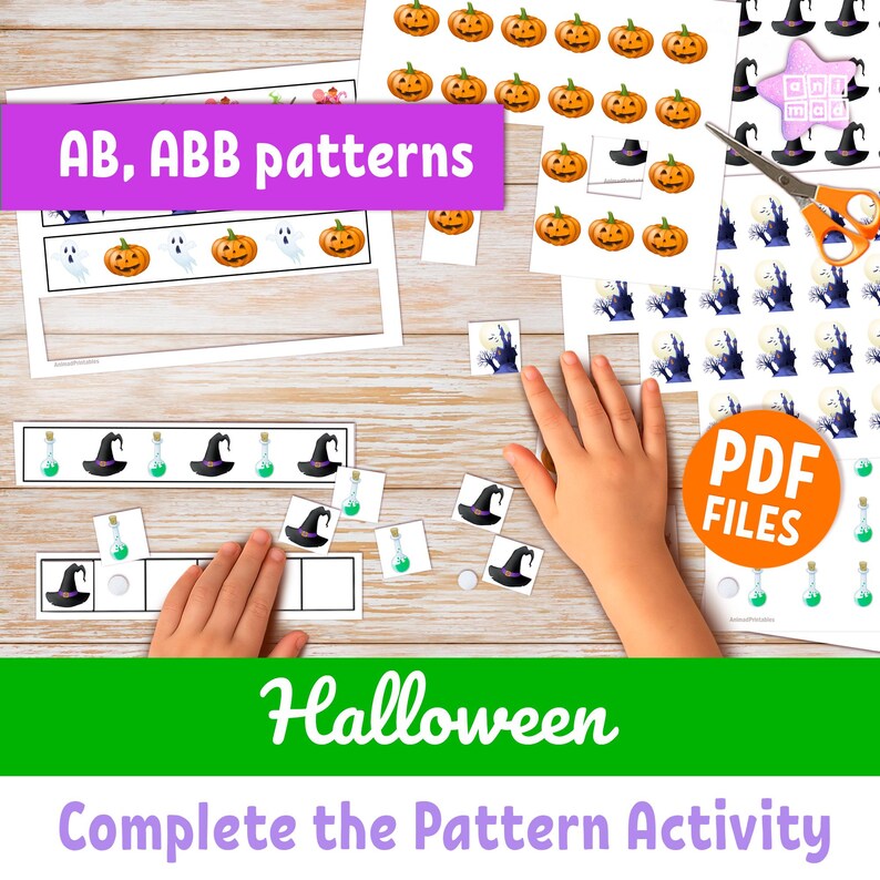 Halloween Pattern Matching Activity for Kids: AB & ABB Printable Strips ...