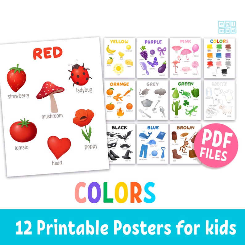 Colors Learning Poster Set for Kids: English Vocabulary, Homeschool ...
