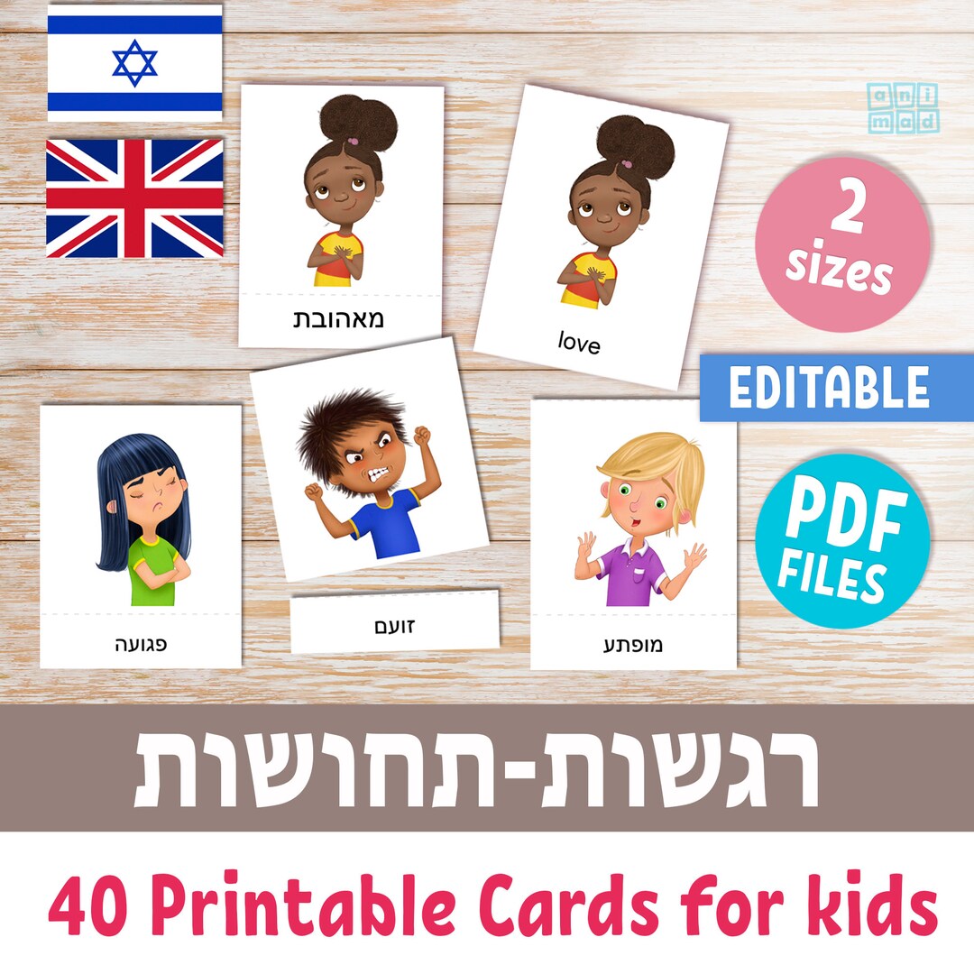 EMOTIONS & FEELINGS Printable Flashcards for Kids in English and HEBREW ...