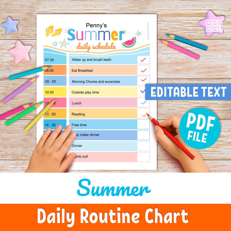 Summer Daily Schedule for Kids, Printable & Editable Summer Routine ...