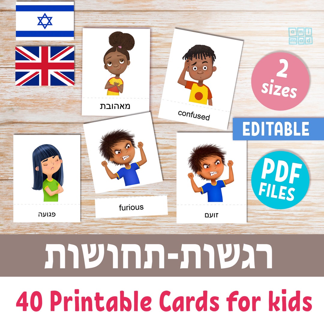 EMOTIONS & FEELINGS Printable Flashcards for Kids in English and HEBREW ...
