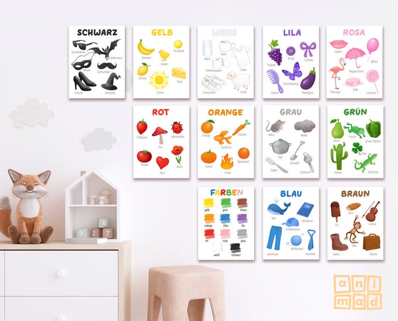 COLORES carteles imprimibles para niños de preescolar en ALEMÁN, juego ...