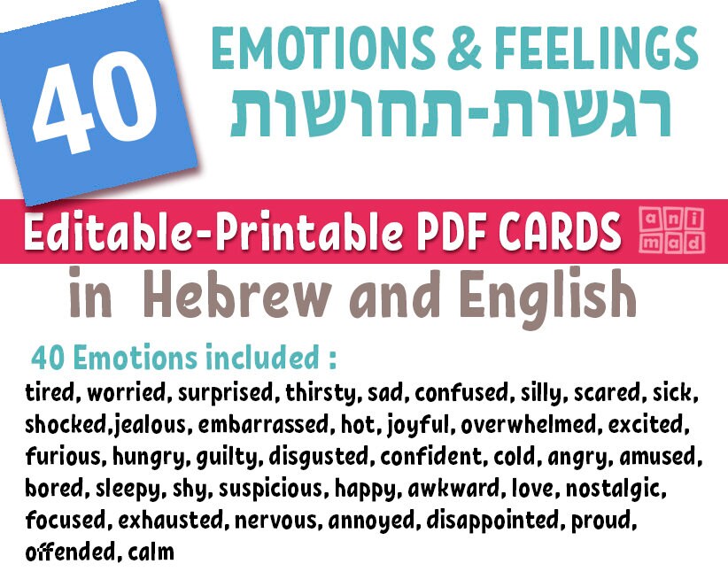 EMOTIONS & FEELINGS Printable Flashcards for Kids in English and HEBREW ...
