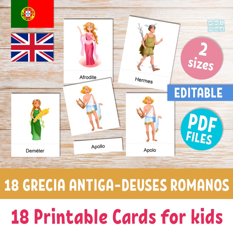 Buy GREEK GODS Printable Flashcards for Kids in Portuguese and English ...