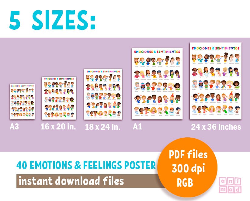 EMOTIONS & FEELINGS Printable Poster for Kids in SPANISH, Kids Face ...