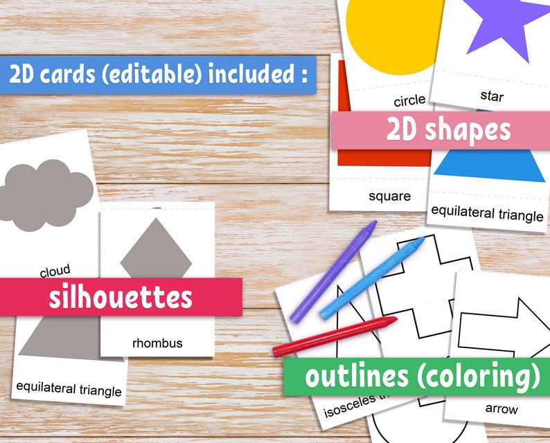 2d SHAPES Printable Flashcards for Preschool Kids, 3 Part Montessori ...
