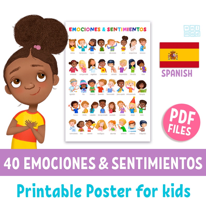 EMOTIONS & FEELINGS Printable Poster for Kids in SPANISH, Kids Face ...