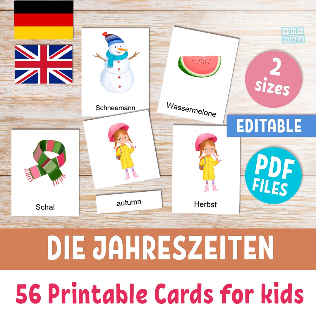 Seasons Printable Flashcards for Preschool Kids in GERMAN and ENGLISH ...
