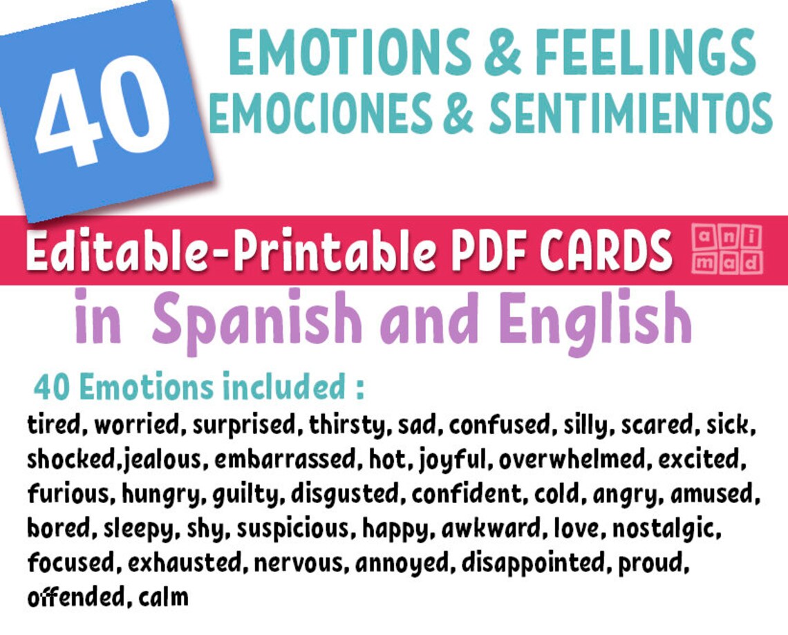 EMOTIONS and FEELINGS Printable Flashcards in Spanish & English for ...