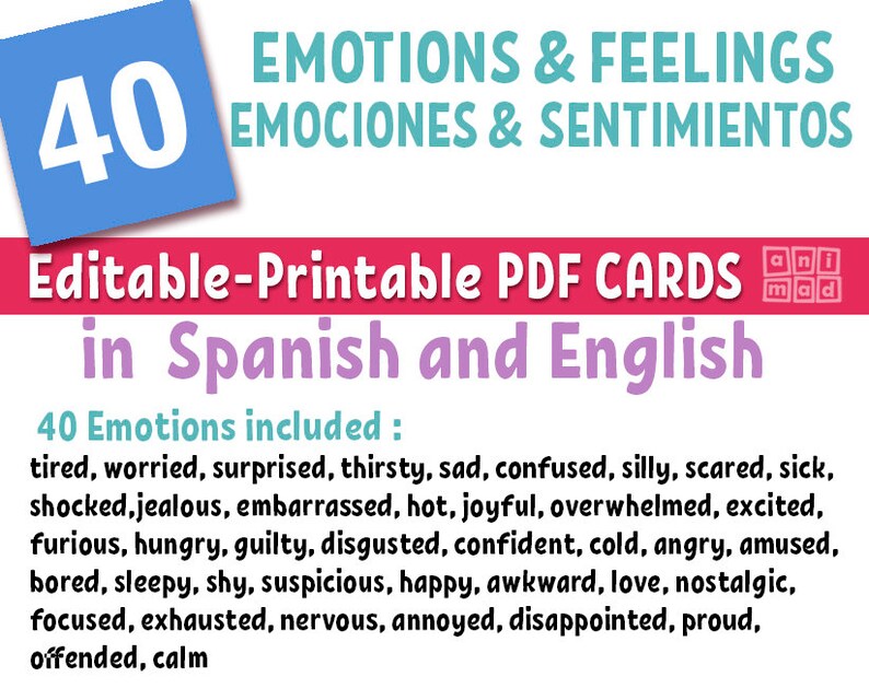 EMOTIONS and FEELINGS Printable Flashcards in Spanish & English for ...