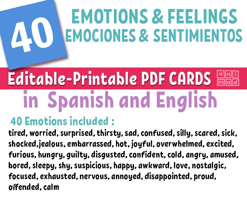 EMOTIONS and FEELINGS Printable Flashcards in Spanish & English for ...