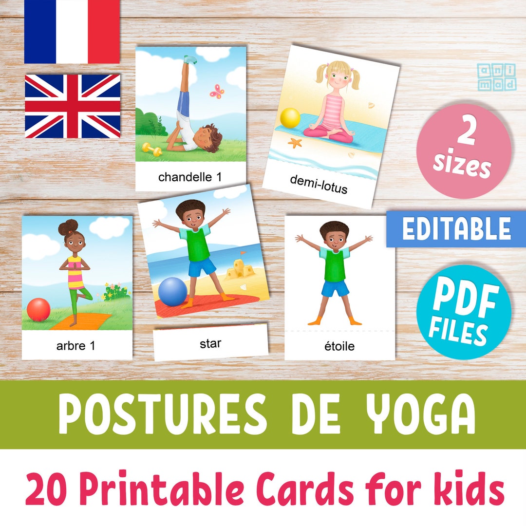 YOGA POSES Printable Flashcards for Kids in French & English, 20 ...