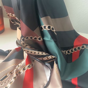 Soft Silky Satin Scarf With Gold Chain Print - Etsy UK