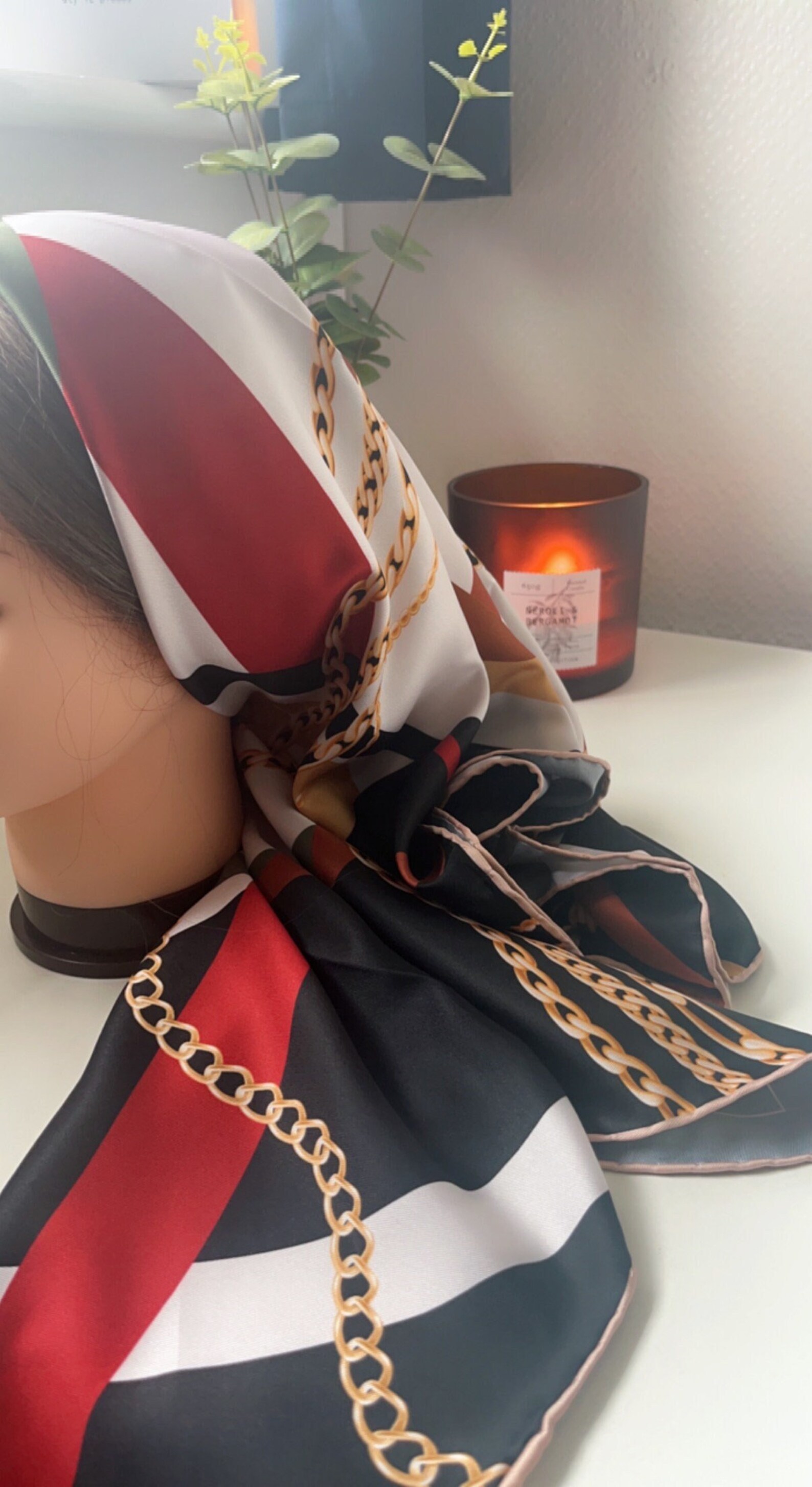 Silk Satin Scarf, Red and Green With Gold Chain - Etsy