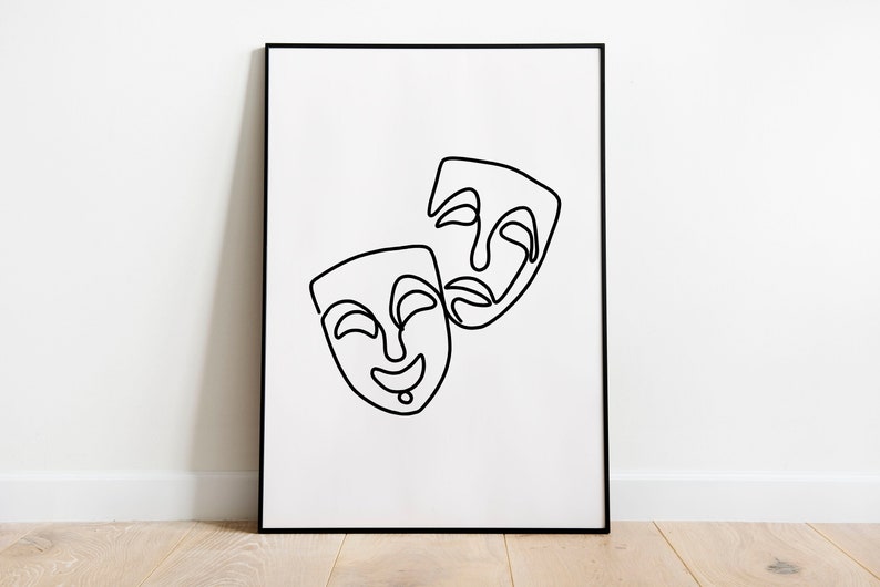 Comedy and Tragedy Mask, Single Line Face Art Print, Theatre Masks Art ...