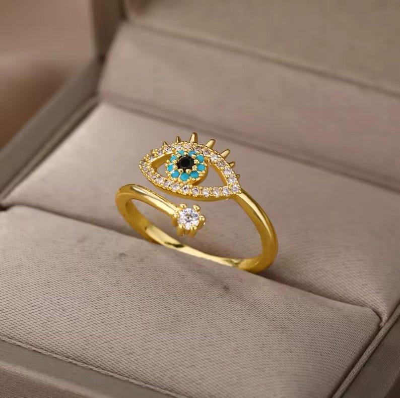 Lucky Turkish Blue Eye Rings for Women Open Adjustable Stainless Steel ...