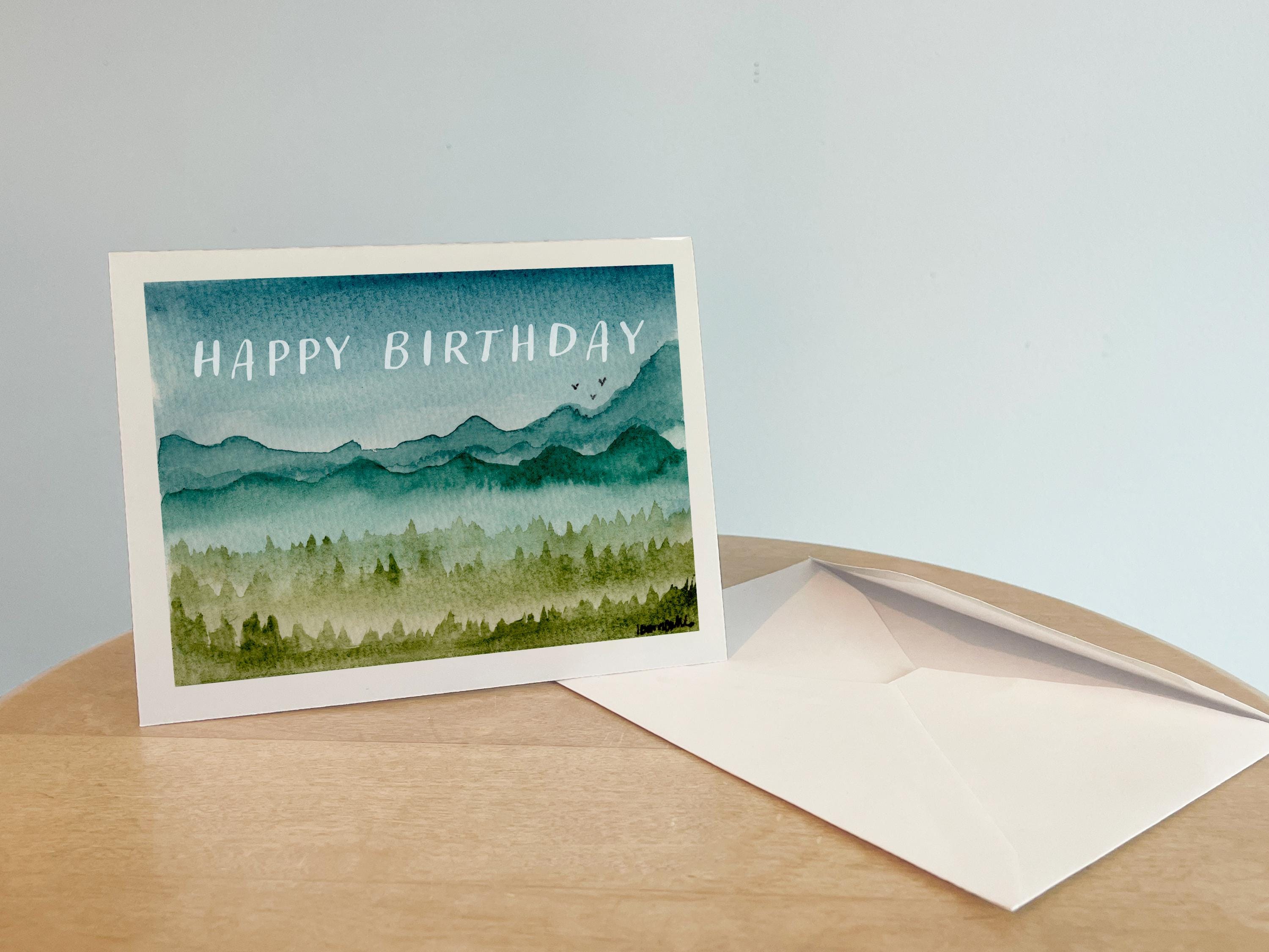 Happy Birthday Card, Mountains Card, Watercolor Landscape Stationary ...